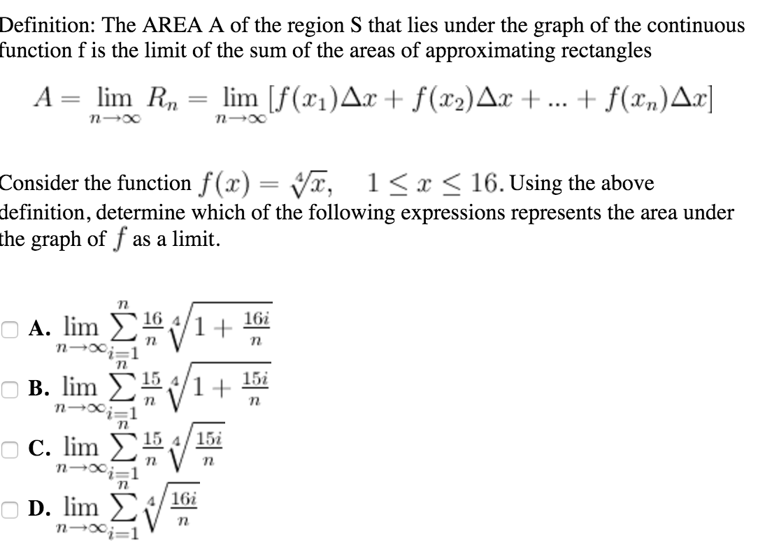 Solved Definition: The AREA A of the region S that lies | Chegg.com