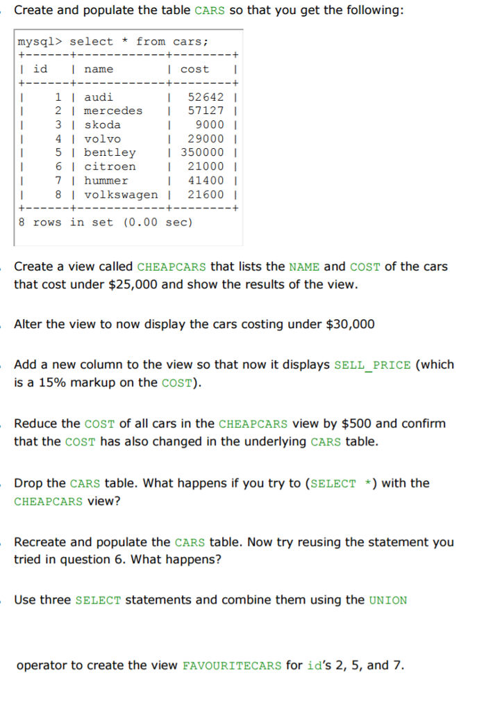 Solved Create and populate the table CARS so that you get | Chegg.com