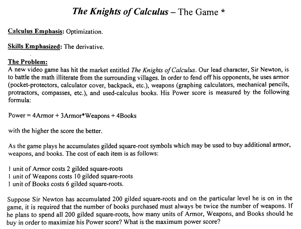 Solved The Knights of Calculus - The Game* Calculus | Chegg.com