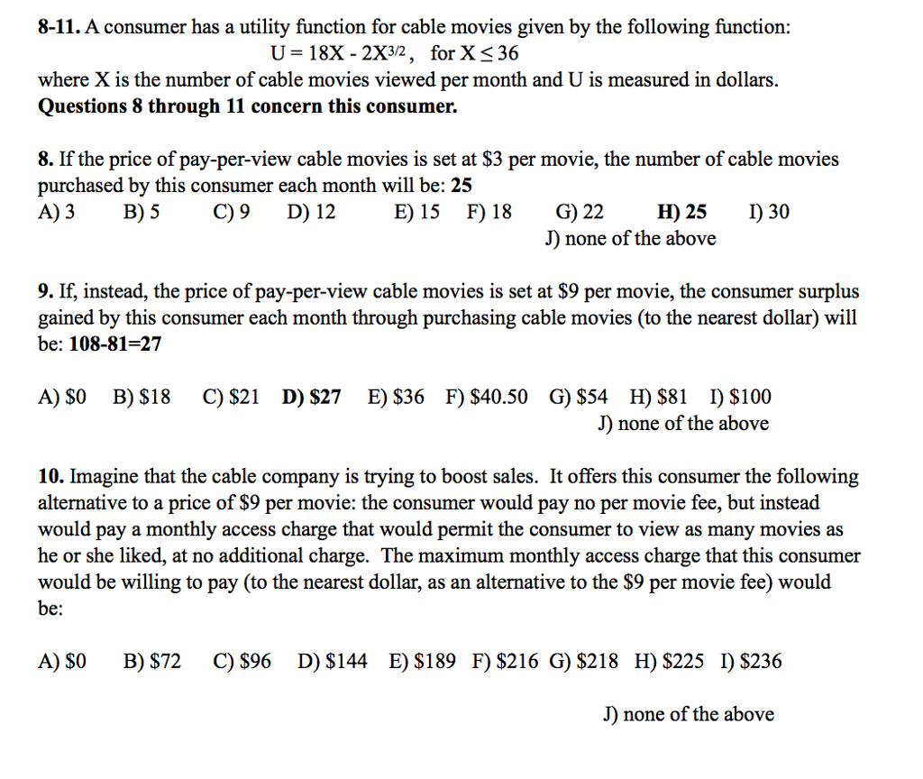 Solved 8-11. A consumer has a utility function for cable | Chegg.com