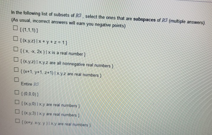Solved In the following list of subsets of R3, select the | Chegg.com