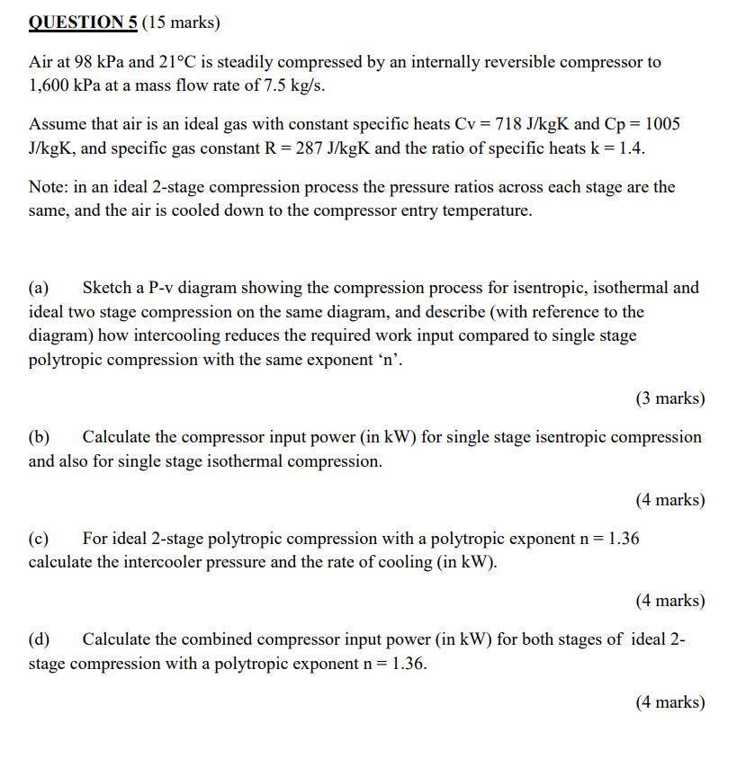 Solved QUESTION 5 (15 marks) Air at 98 kPa and 21°C is | Chegg.com