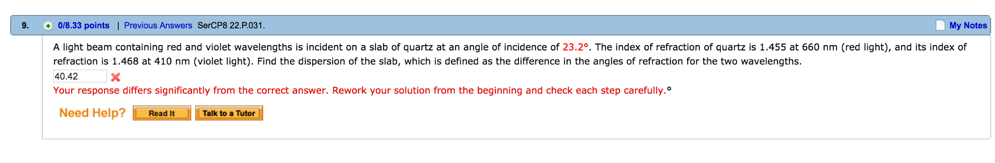 Solved A light beam containing red and violet wavelengths is | Chegg.com