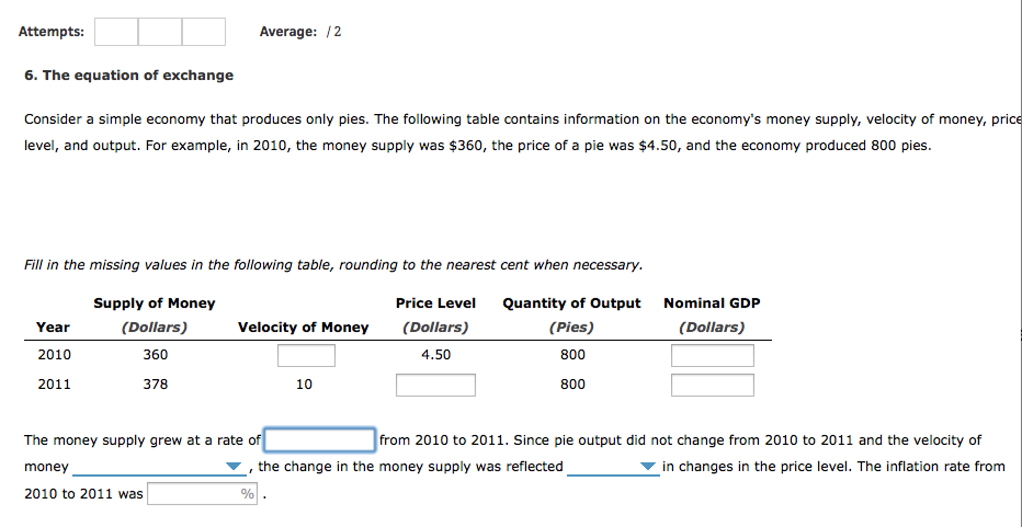 Solved The money supply grew at a rate of from 2010 to 2011. | Chegg.com
