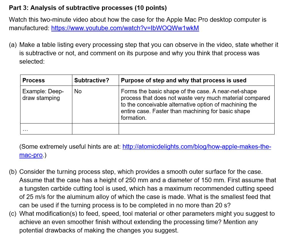Solved Part 3: Analysis of subtractive processes (10 points) | Chegg.com