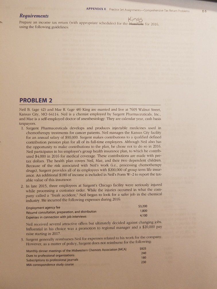 APPENDIX E Practice Set Assignments-Comprehensive Tax | Chegg.com