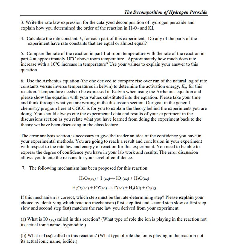 Experiment #2 Decomposition of Hydrogen Peroxide The | Chegg.com