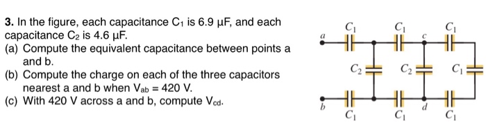 Solved 3. In the figure, each capacitance C1 is 6.9 Mu F, | Chegg.com
