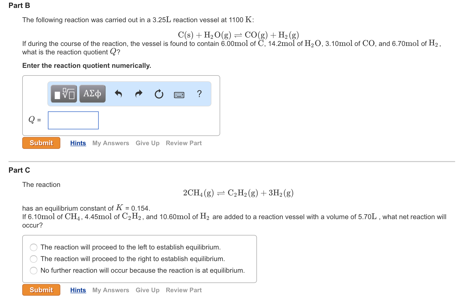 Solved Part B The following reaction was carried out in a | Chegg.com