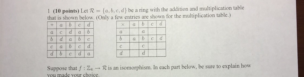 Solved 1 (10 points) Let R (a,b, c, d) be a ring with the | Chegg.com