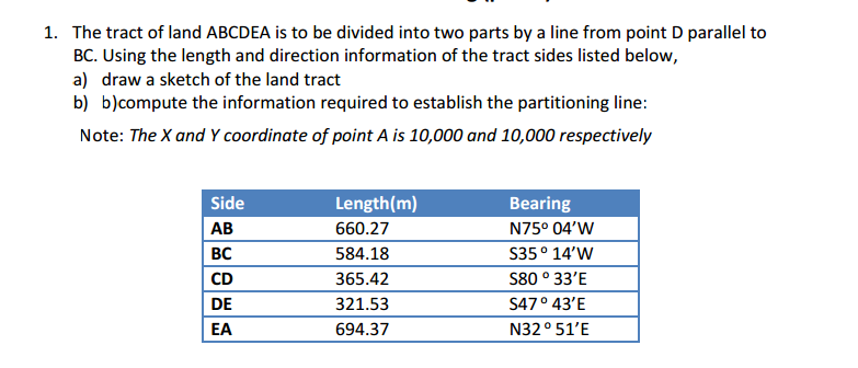 2.) For the above tract, establish the partition line | Chegg.com