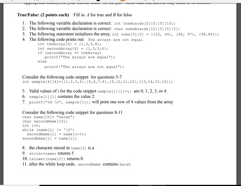Solved True/False: (2 points each) Fill in A for true and B | Chegg.com