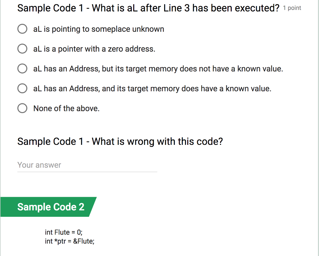 Solved Sample Code 1 chart aL = nullptr; aL = new char; Line | Chegg.com