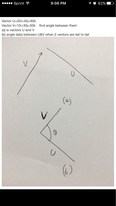 Solved Vector U=20i+40j+60k Vector V=10i+30j+50k find angle | Chegg.com