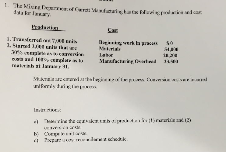 Solved The mixing department of Garrett Manufacturing has | Chegg.com