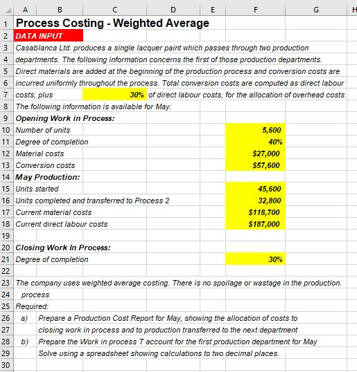 Solved 1 Process Costing - Weighted Average DATA INPUT 3 | Chegg.com