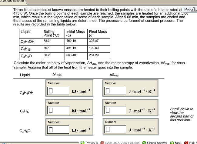 Solved uestion 15 ot 38 Three liquid samples of known masses | Chegg.com