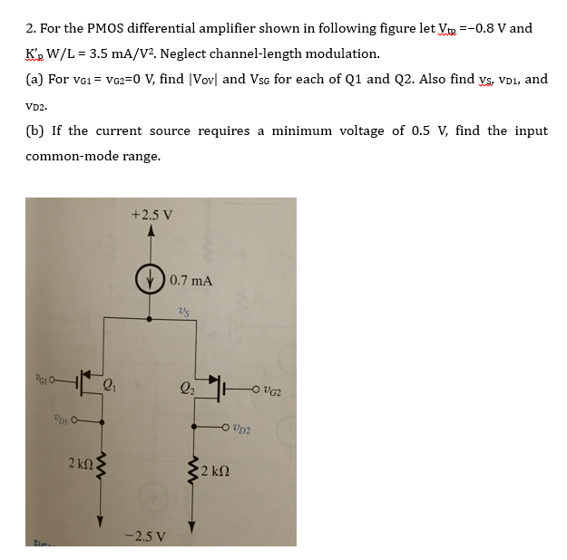 Solved For the PMOS differential amplifier shown in | Chegg.com
