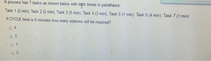 Solved A process is 7 tasks as shown below with task times | Chegg.com