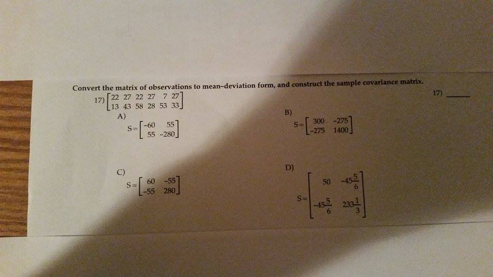 Convert the matrix observations to mean-deviation | Chegg.com