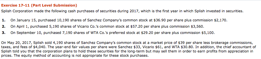 Solved Exercise 17-11 (Part Level Submission) Splish | Chegg.com