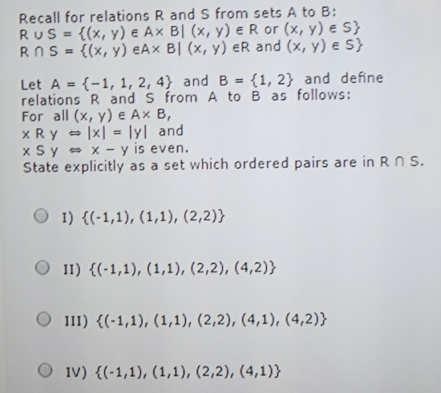 Solved Recall for relations R and S from sets A to B: R | Chegg.com