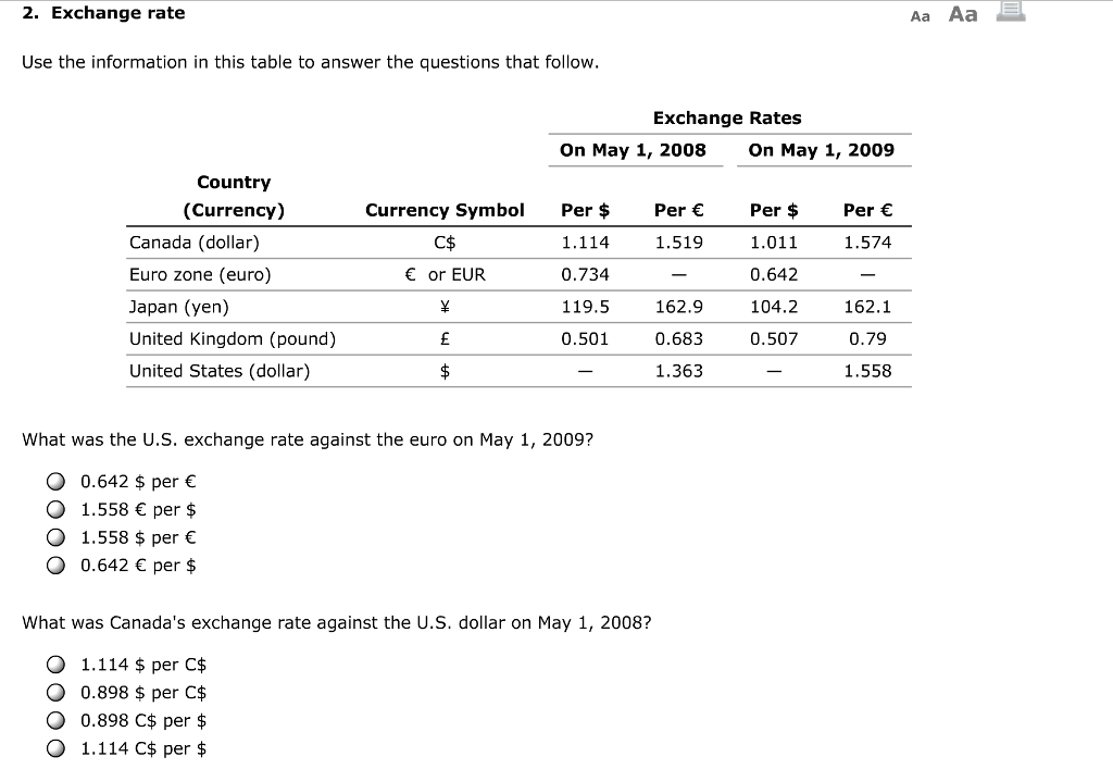 Solved 2. Exchange rate Aa Aa Use the information in this | Chegg.com