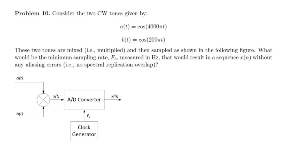 Solved Problem 10. Consider the two CW tones given by: a(t) | Chegg.com
