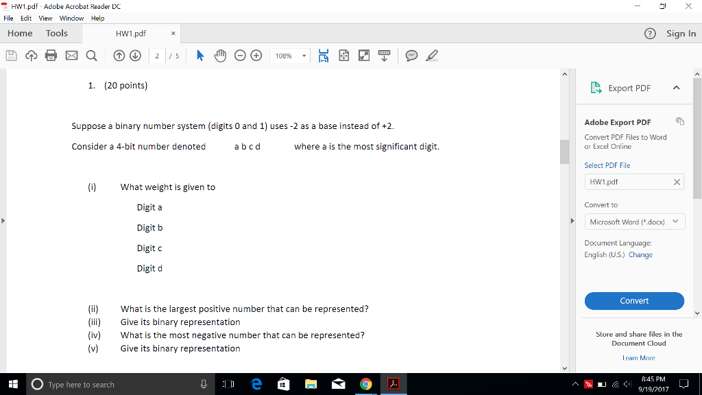Solved HW1.pdf-Adobe Acrobat Reader DC File Ecit View Window | Chegg.com