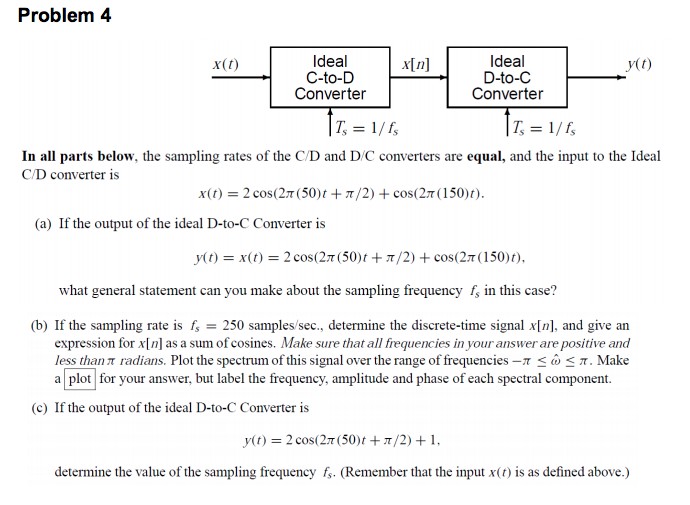 Solved Problem 4 Ideal C-to-DD-to-C x(t) Ideal x[n] | Chegg.com