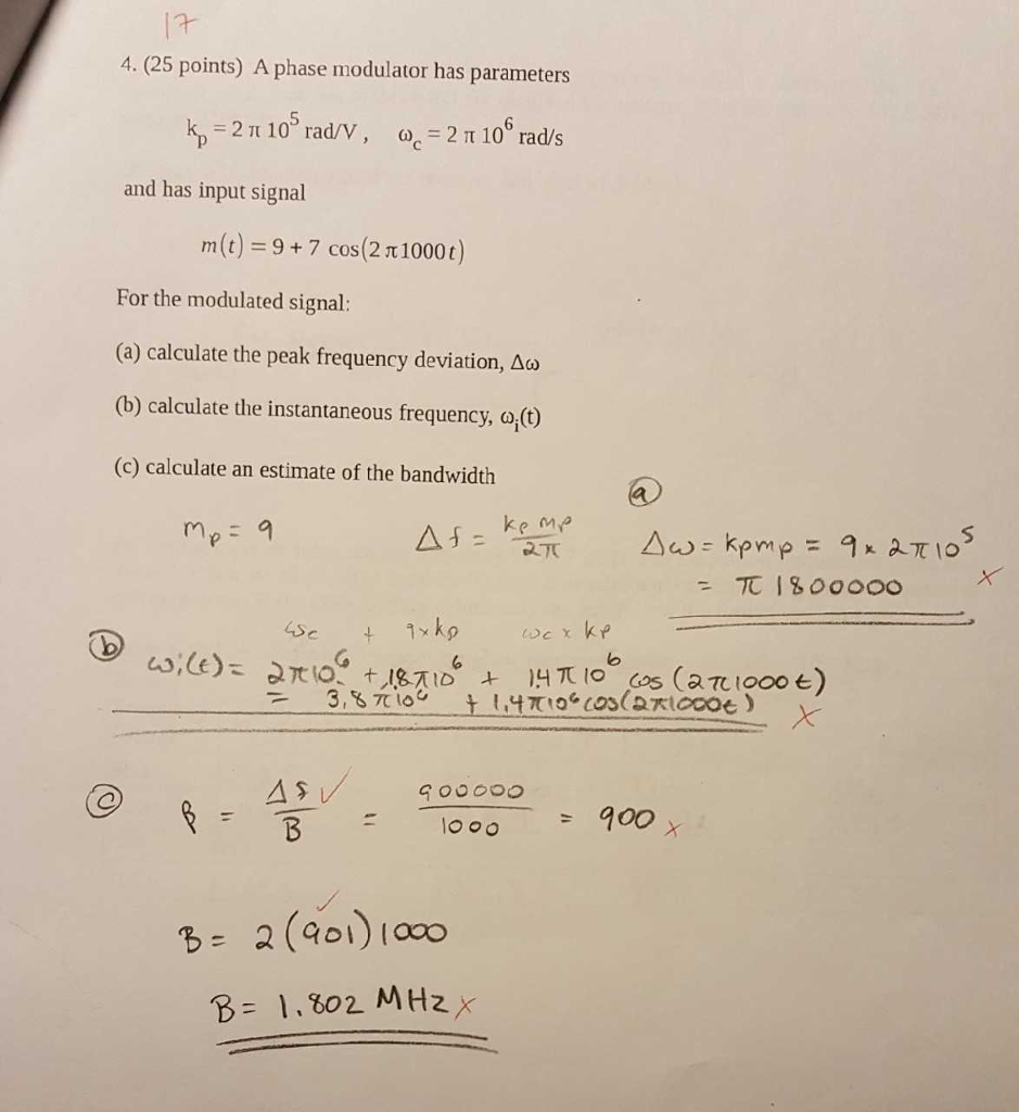 Solved 4. (25 points) A phase modulator has parameters kp = | Chegg.com