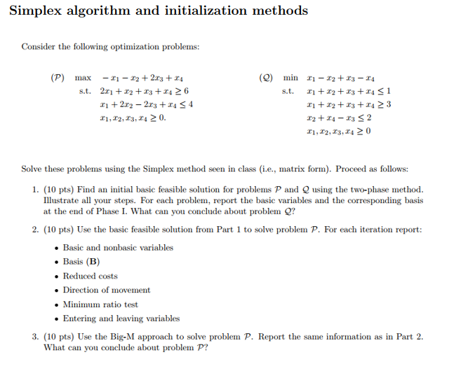 Solved Simplex algorithm and initialization methods Consider | Chegg.com