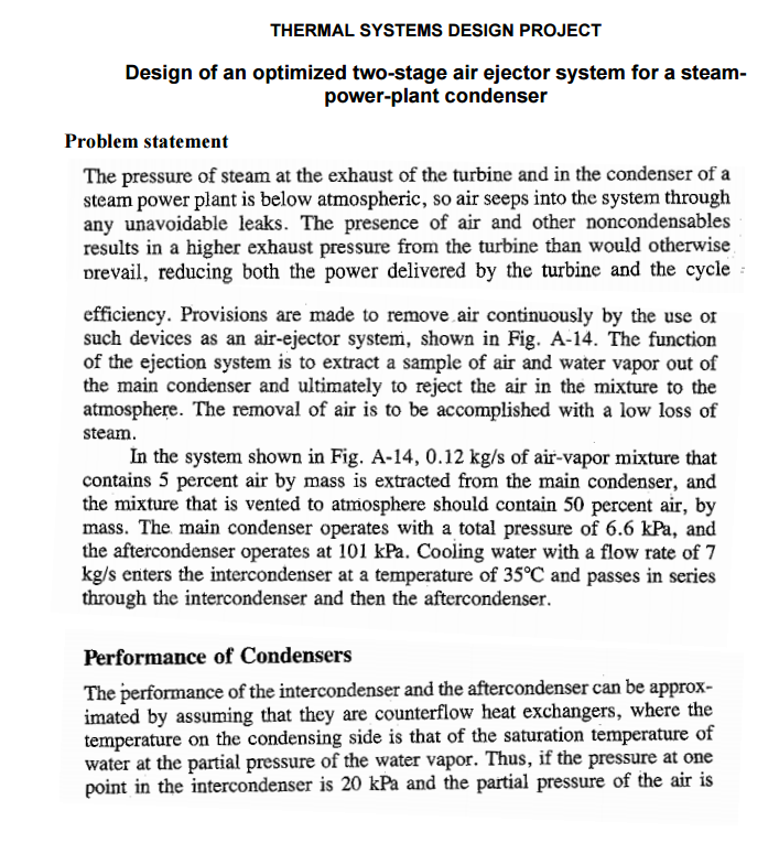THERMAL SYSTEMS DESIGN PROJECT Design of an optimized | Chegg.com