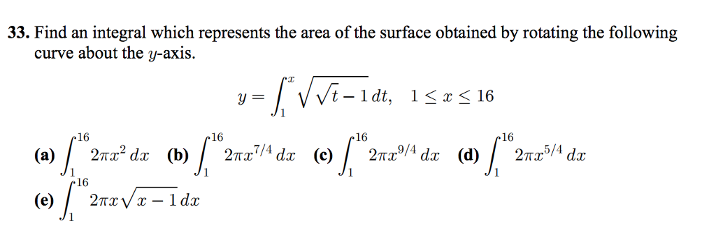 Solved 33. Find an integral which represents the area of the | Chegg.com