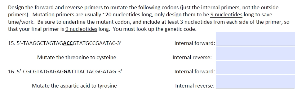 Solved Design the forward and reverse primers to mutate the | Chegg.com