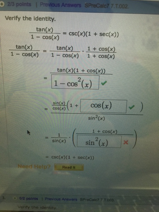 Solved 2/3 points I Previous Answers SPreCalc? Verify the | Chegg.com