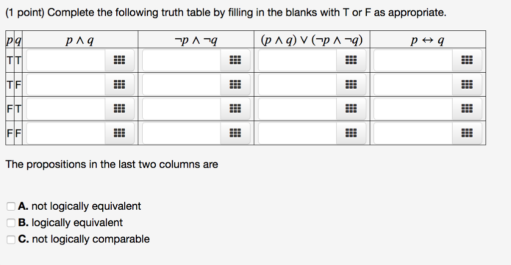 Solved (1 point) Complete the following truth table by | Chegg.com