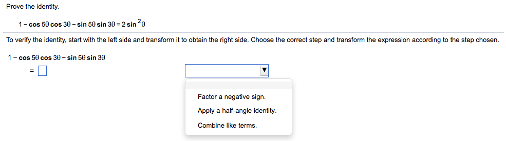 Solved Prove the identity 1 - cos 50 cos 30- sin 50 sin 30 | Chegg.com