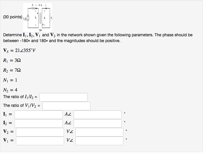 Solved (30 points) Determine l. 12, V1 and V2 n the network | Chegg.com