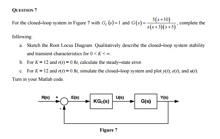 Solved For the closed-loop system in Figure 7 with G_c(s) = | Chegg.com