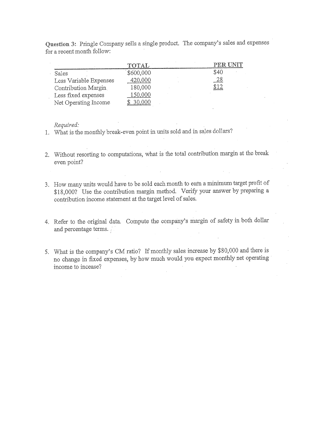 Solved Question 3: Pringle Company sells a single product. | Chegg.com