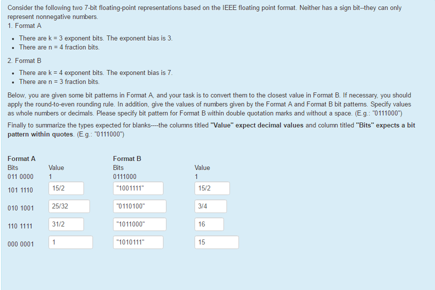 Solved Consider the following two 7-bit floating-point | Chegg.com