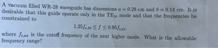Solved A vacuum filled WR-28 waveguide has dimensions a = | Chegg.com