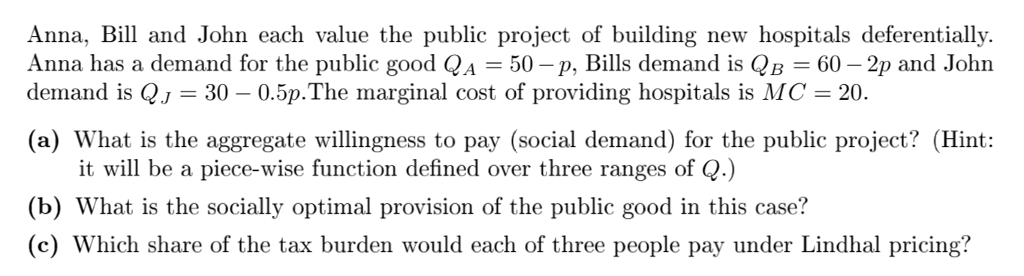 Solved Anna, Bil and John each value the public project of | Chegg.com