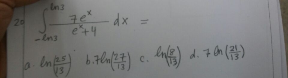 Solved integral_-ln 3 ^ln3 7 e^x/e^x + 4 dx = a. ln(25/13) | Chegg.com