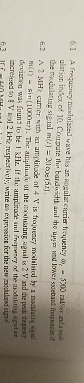 Solved 6.1 A frequency modulated wave has an angular carrier | Chegg.com