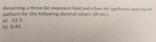 Solved Assuming a three-bit exponent field and a four-bit | Chegg.com