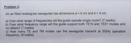 Solved An Air Filled Rectangular Waveguide Has Dimensions A