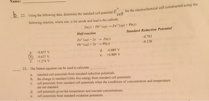 Solved Using The Following Data Determine The Standard Cell