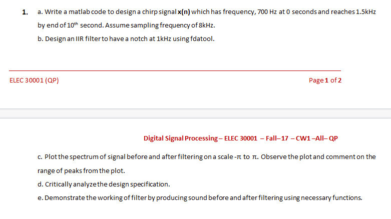 Solved 1. a. Write a matlab code to design a chirp signal | Chegg.com